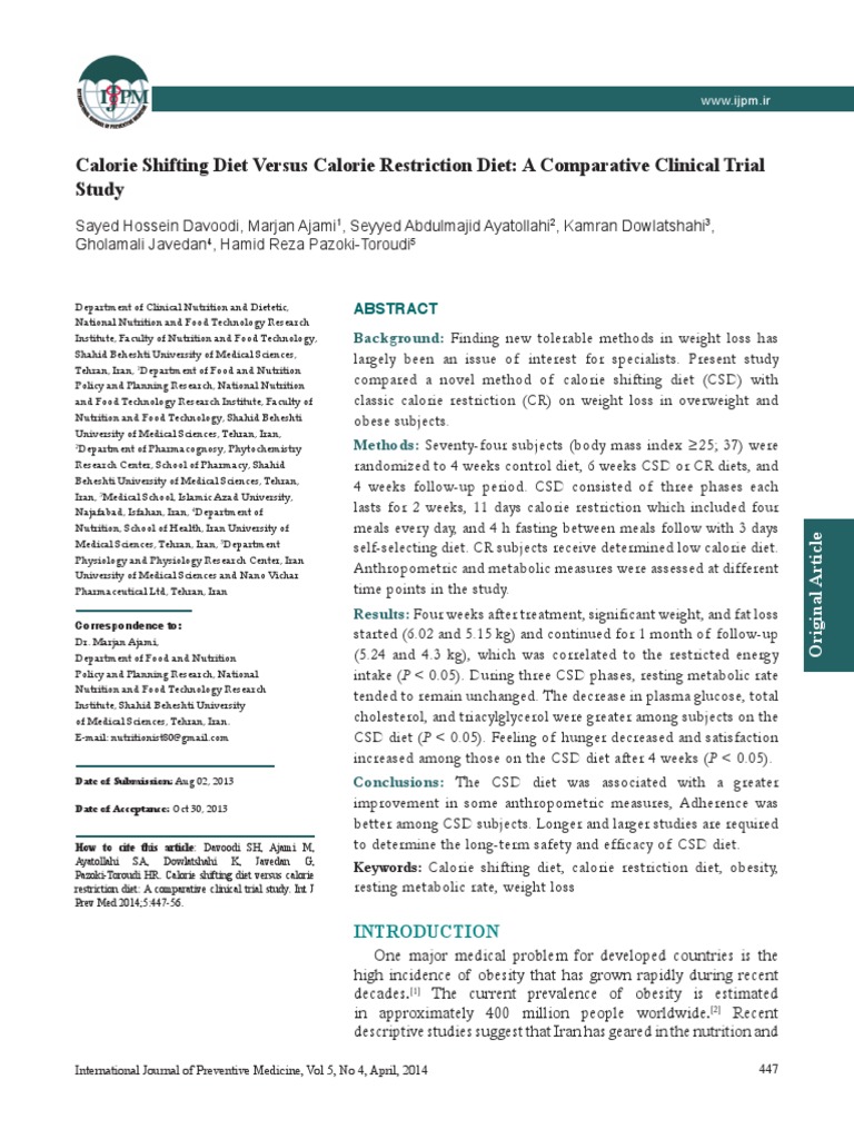 Calorie Shifting vs. Restriction Diet Study | PDF | Obesity | Calorie ...