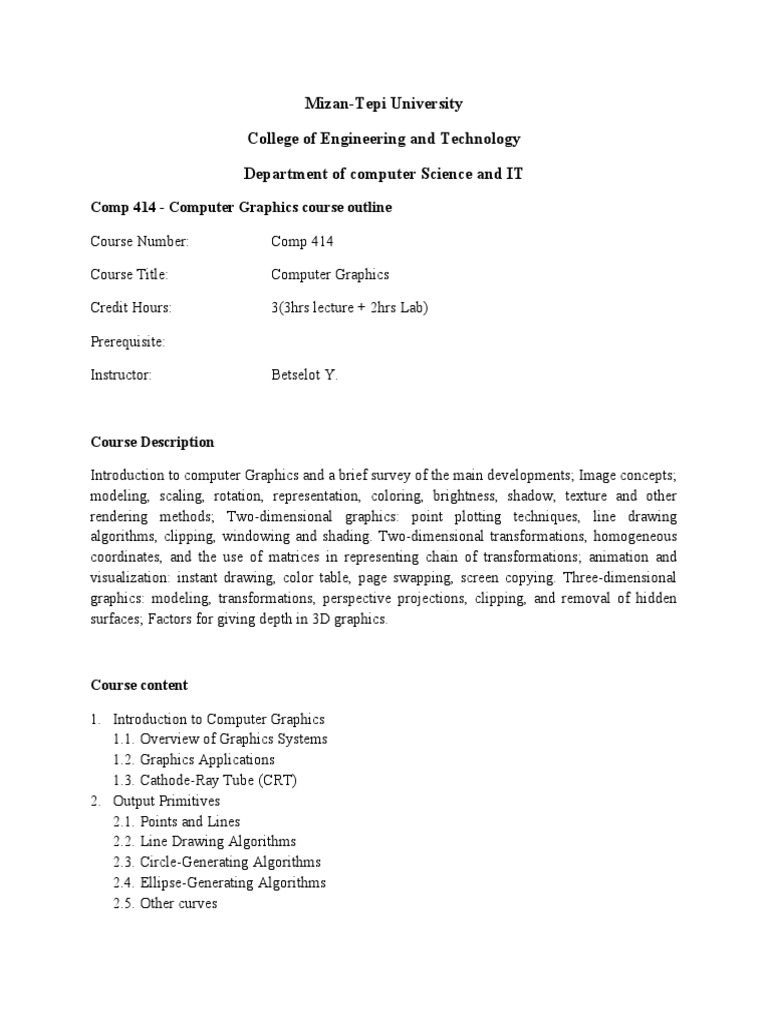 Computer Graphics Course Outline | PDF | 2 D Computer Graphics | 3 D ...
