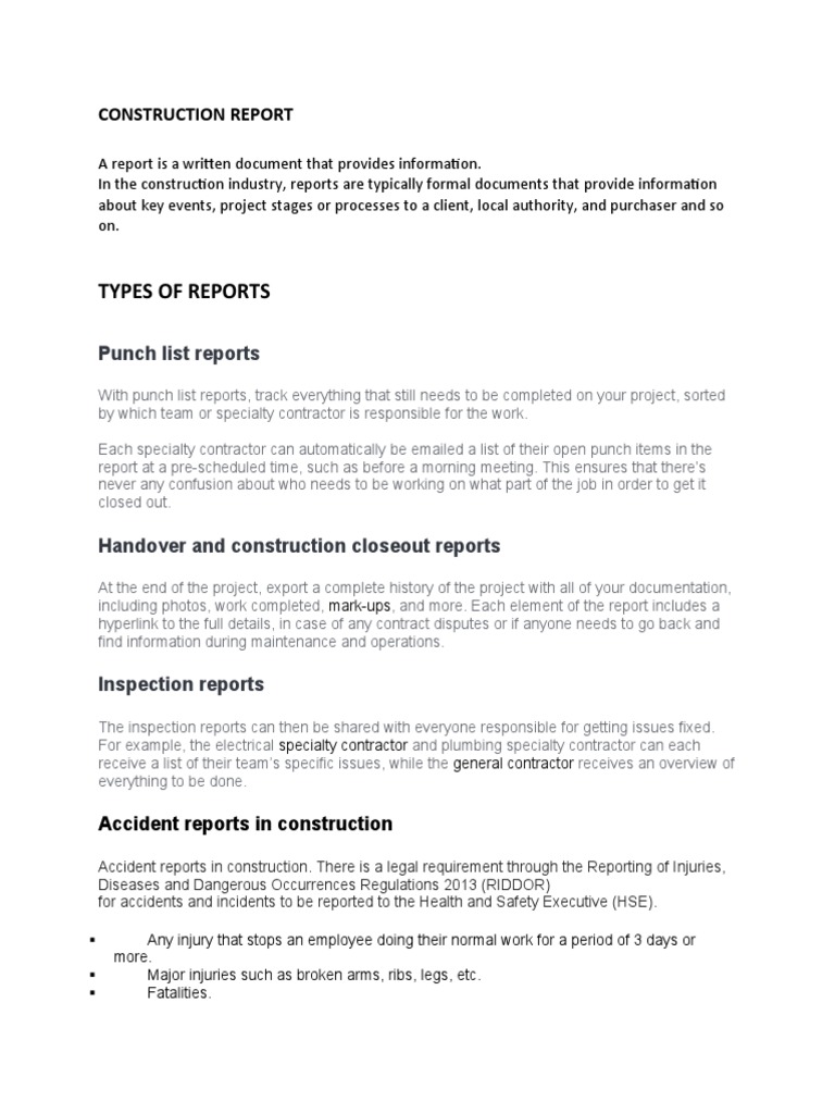Types of Reports: Construction Report | PDF | Architect | Economies