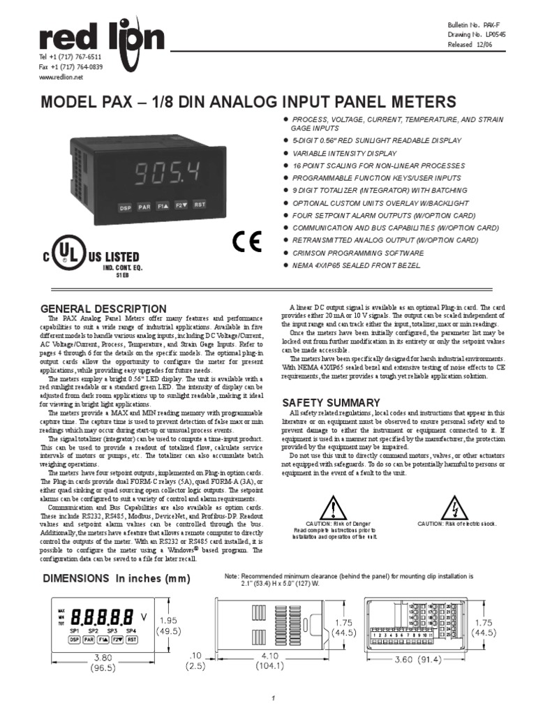 Model Pax - 1/8 Din Analog Input Panel Meters: C Us Listed Us Listed ...