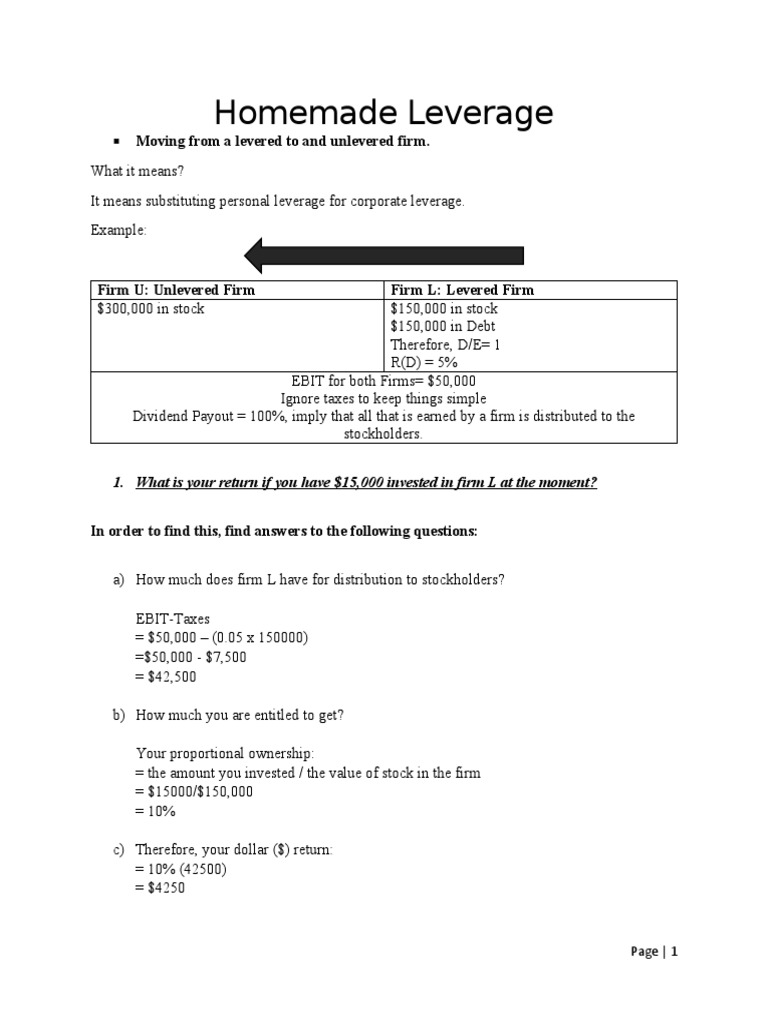 Homemade Leverage - Levered To Unlevered | PDF | Stocks | Dividend