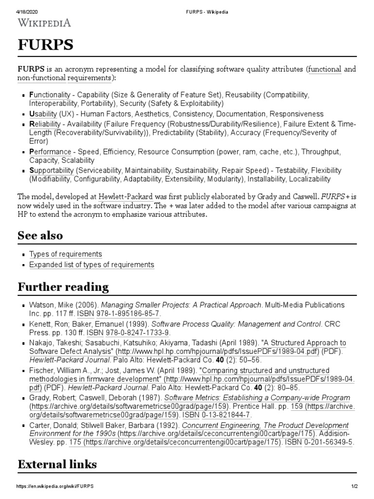 FURPS - Wikipedia | PDF | Software Quality | Reliability Engineering
