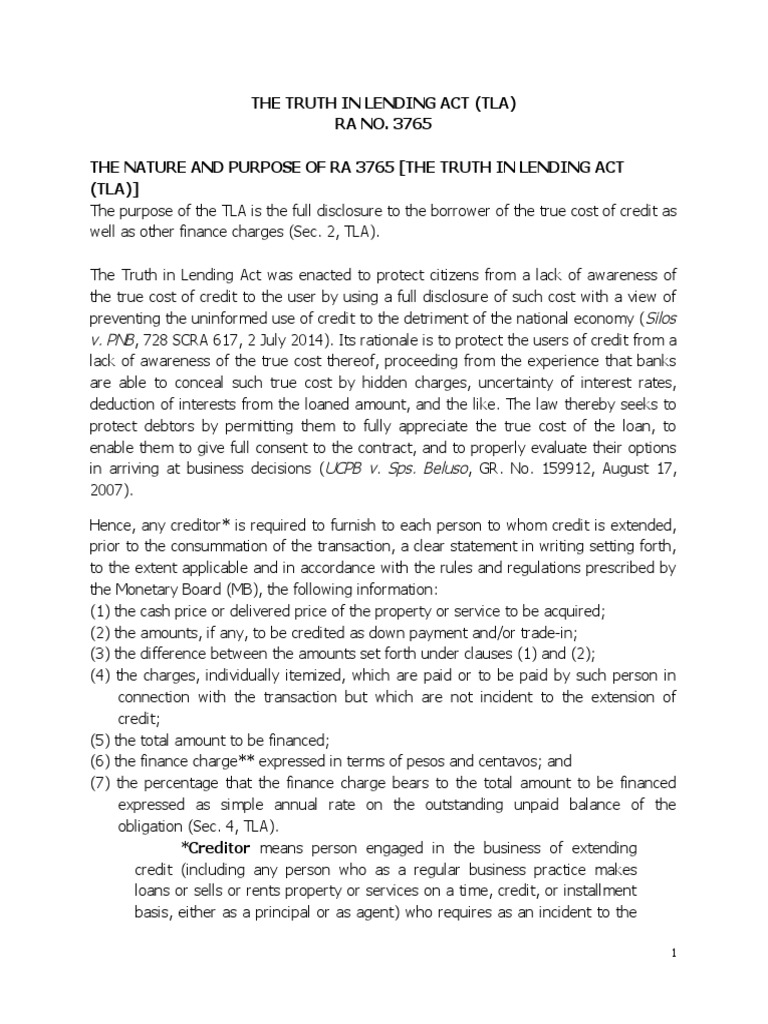 Truth-In-Lending-Act-Handout | PDF | Truth In Lending Act | Credit