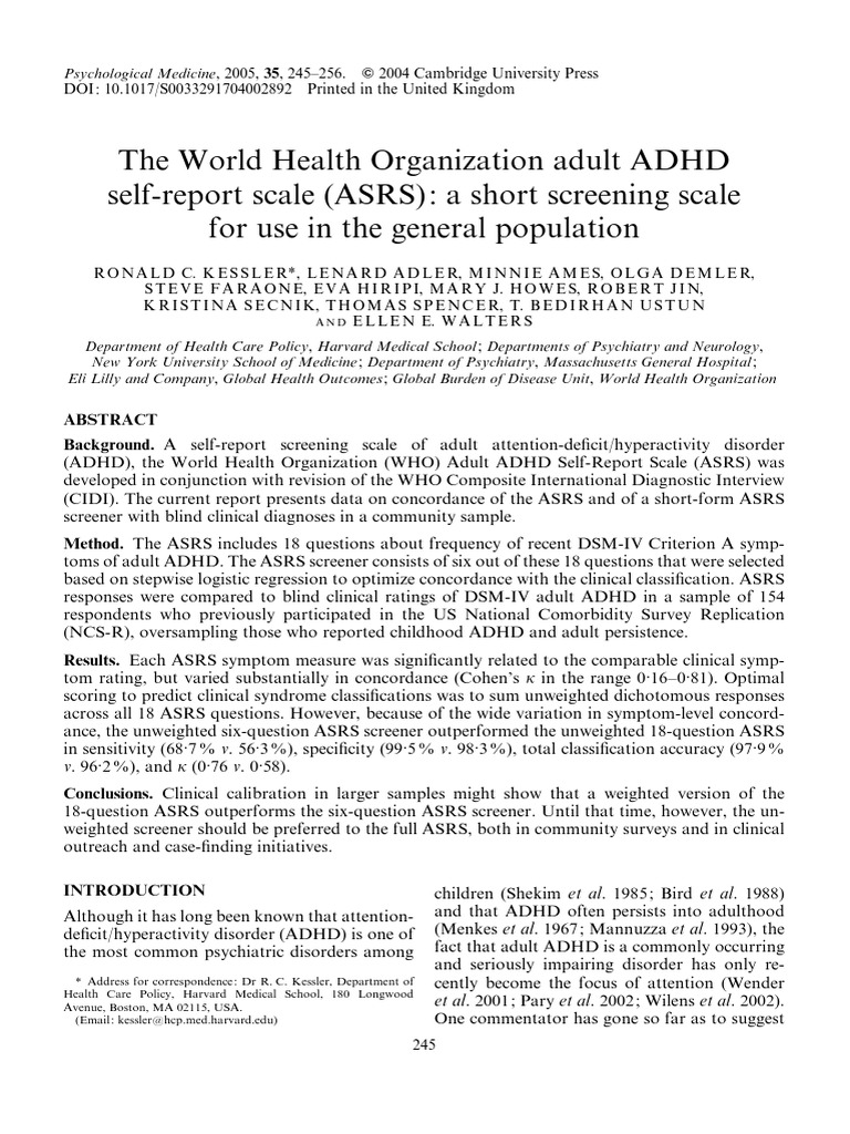 The World Health Organization Adult ADHD Self-Report Scale (ASRS) : A ...
