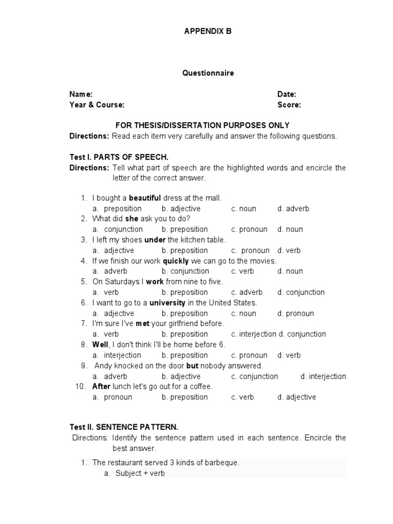APPENDIX B - Questionnaire | PDF | Adverb | Part Of Speech
