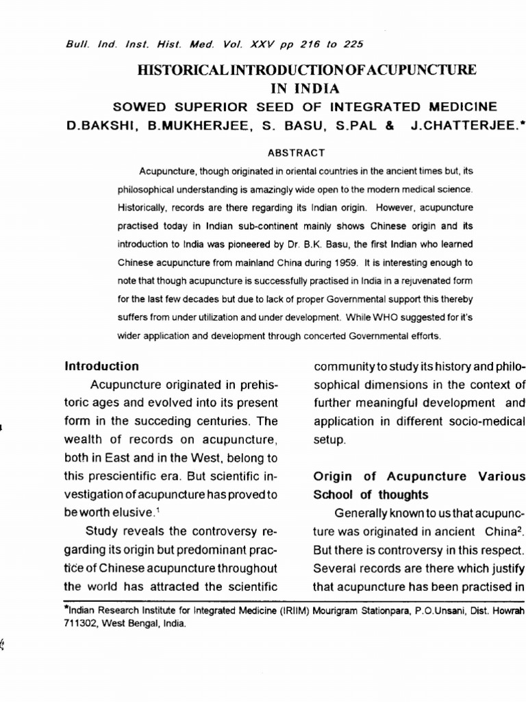 Mstoricalintroducfionof Acupuncture in India: Bull. Ind. Inst. Hist. Med. Vol. XXV To 225 | PDF ...
