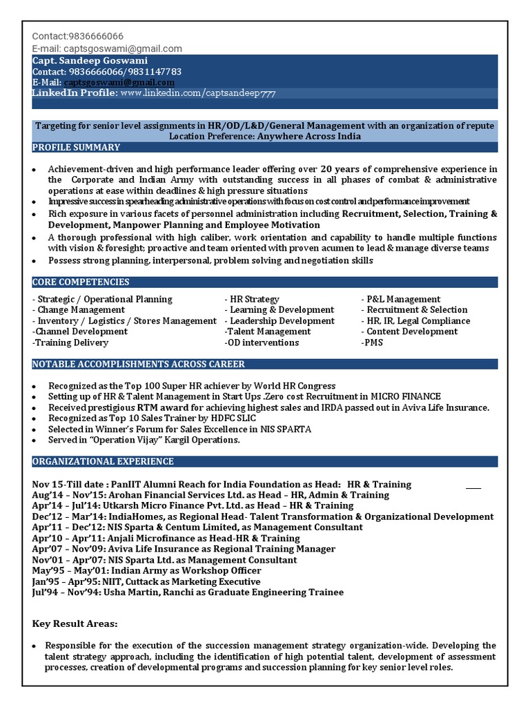 Contact:9836666066 Senior HR Leader Profile | PDF | Employee Retention ...