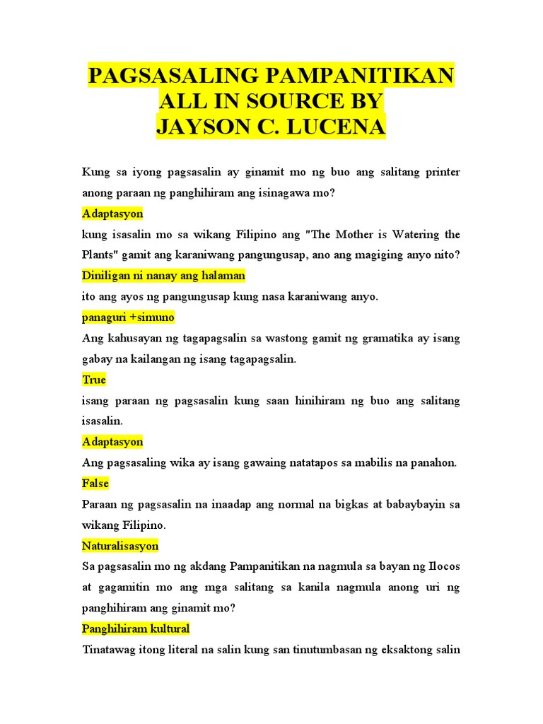 Pagsasaling Pampanitikan All in Source by Jayson Lucena | PDF