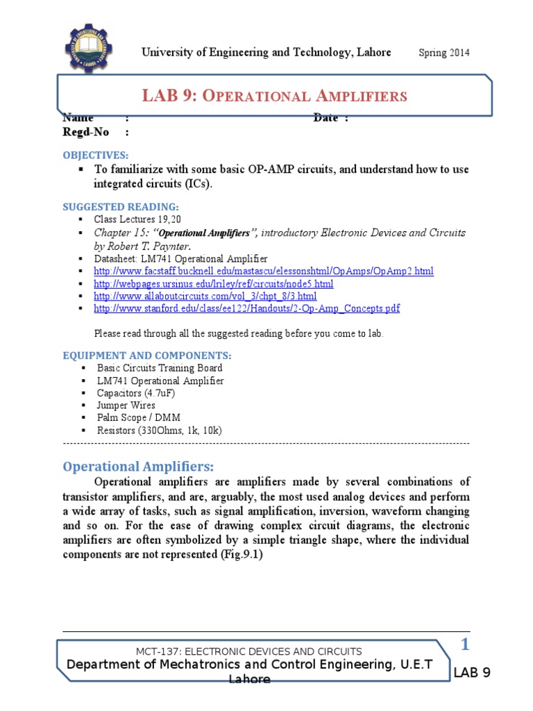 Lab - 9 - Operational Amplifiers | PDF | Operational Amplifier | Amplifier