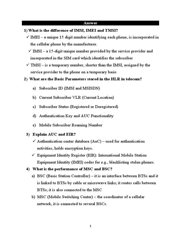 1) What Is The Difference of IMSI, IMEI and TMSI?: Answer | PDF ...