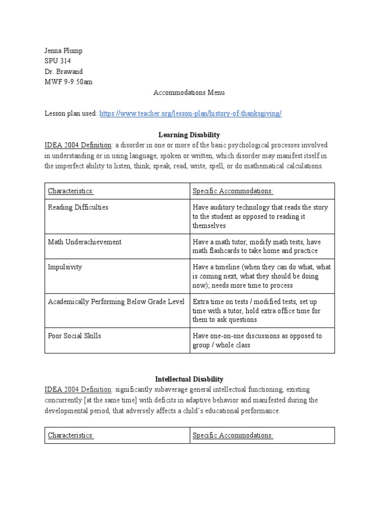 Accommodations Menu | PDF | Learning Disability | Neuroscience