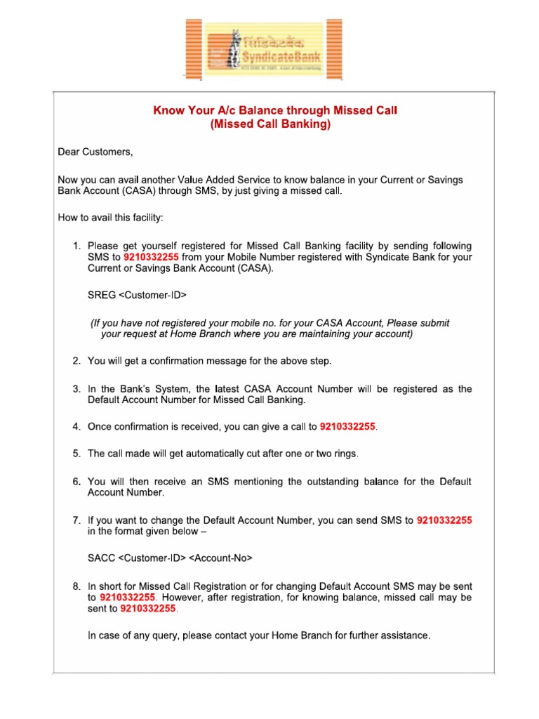 Syndicate Missed Call Banking | PDF | Computers