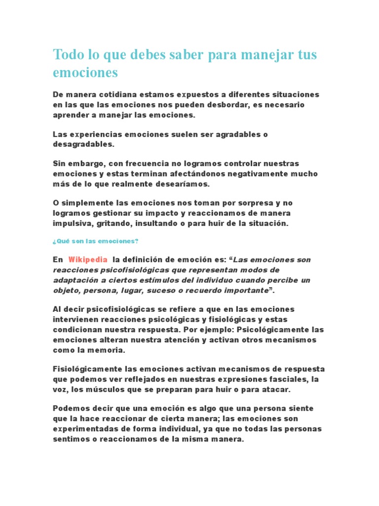 Todo Lo Que Debes Saber para Manejar Tus Emociones | PDF | Las ...