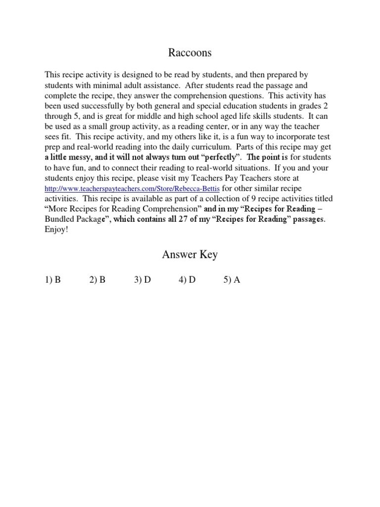 RecipeforReadingComprehensionRaccoons PDF | PDF | Raccoon | Cognition