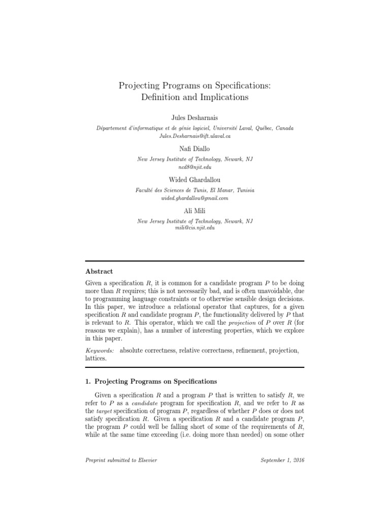 Projecting Programs On Specifications Definitions and Applications ...