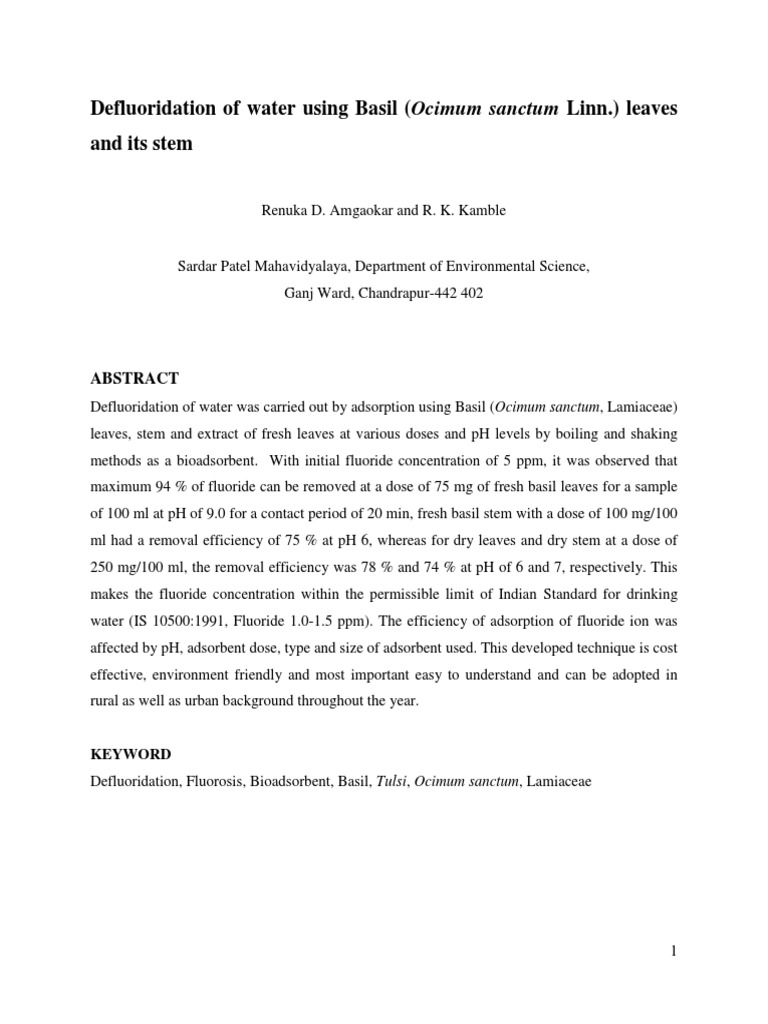 Defluoridation of Water Using Tulsi | PDF | Fluoride | Ph