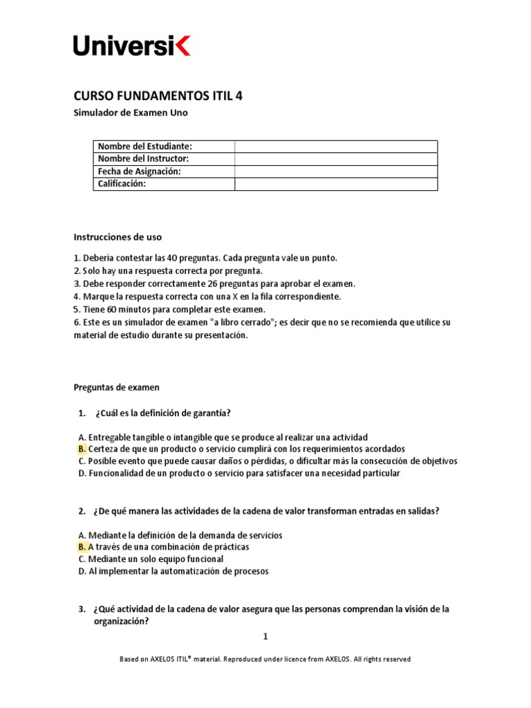 UniversiK - Simulador de Examen ITIL PDF | PDF | Itil | Prueba (evaluación)