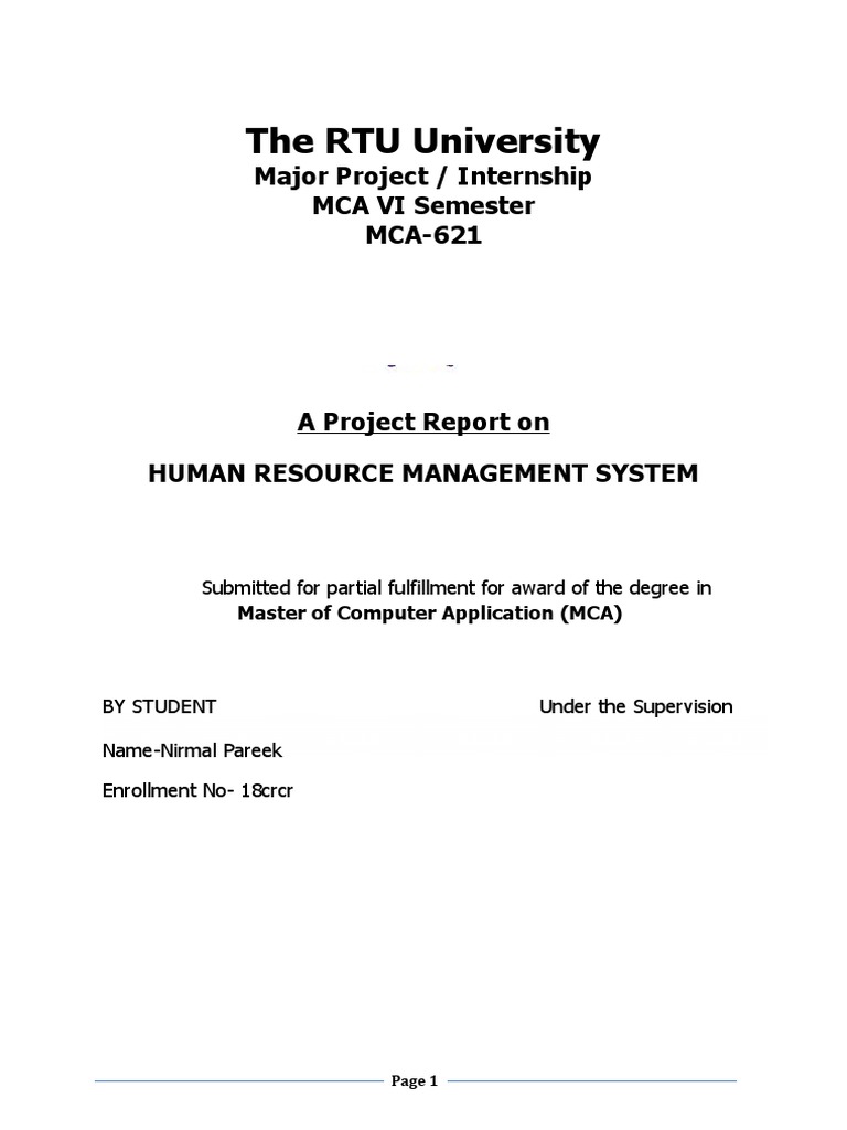 The RTU University: Major Project / Internship MCA VI Semester MCA-621 ...