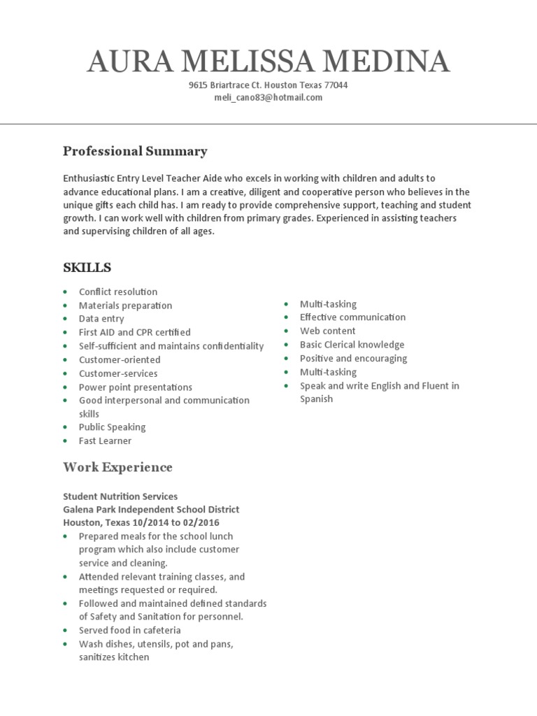 Entry Level Teacher Aide Resume | PDF | Teachers | Learning