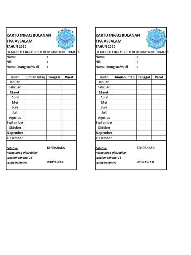 Kartu Infaq Bulanan | PDF
