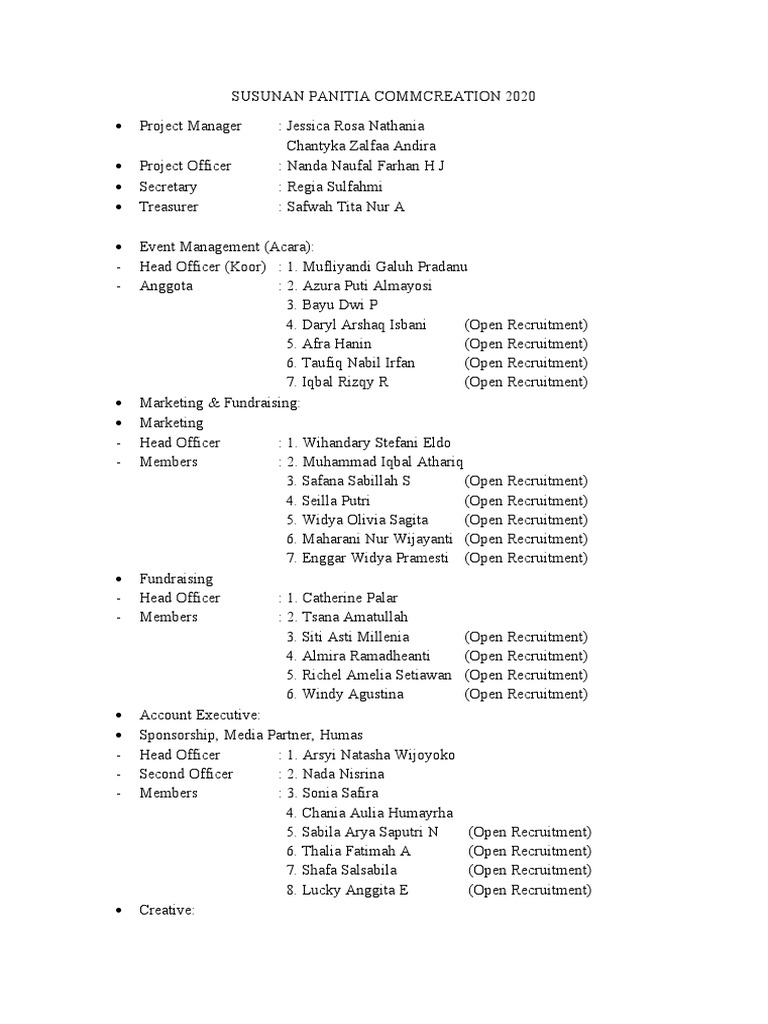 Susunan Panitia CommCreation 2020 | PDF
