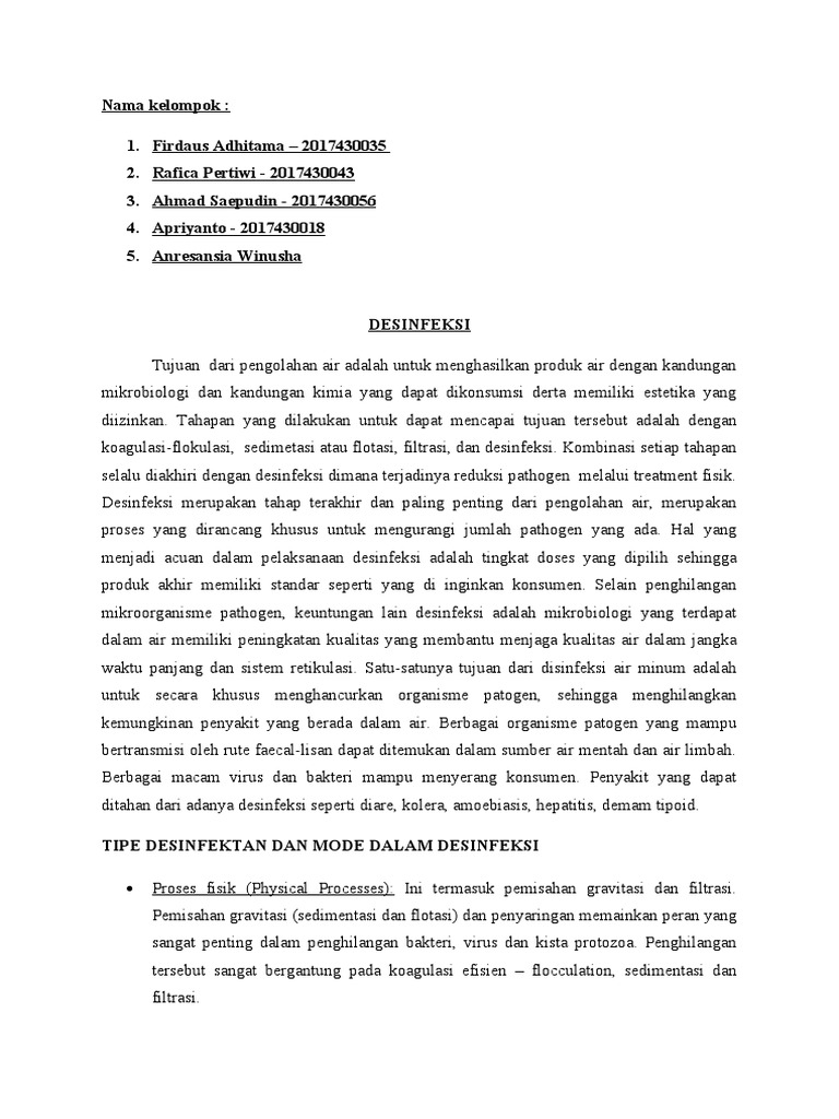 Daftar Anggota Kelompok dan Deskripsi Proses Desinfeksi Air Minum | PDF