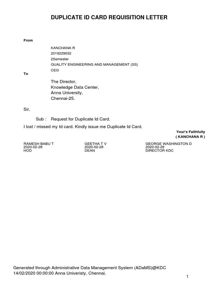 Duplicate Id Card Requisition Letter: Kanchana R 2019229032 2semester ...