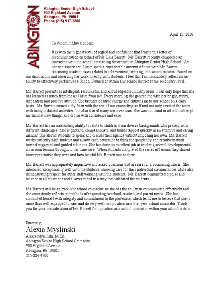 Leia Barrett Letter of Recommendation-Alexia Myslynski | PDF | School ...