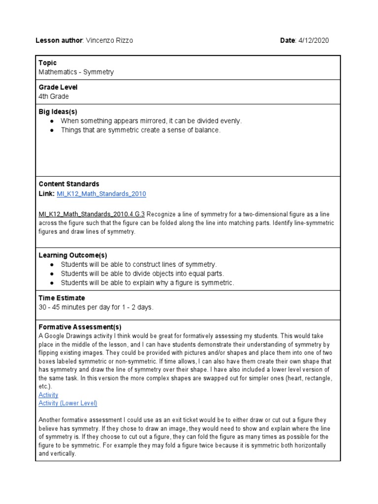 4th Grade Symmetry Lesson | PDF | Symmetry | Shape