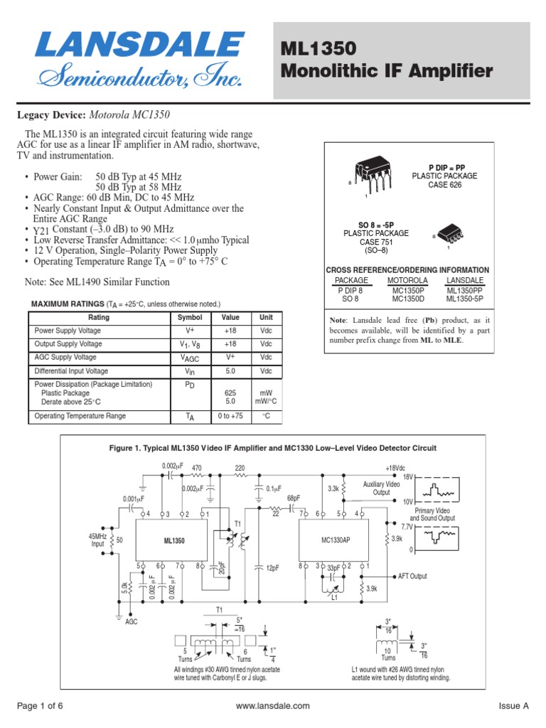 ML1350 Monolithic IF Amplifier: Legacy Device: Motorola MC1350 | PDF ...