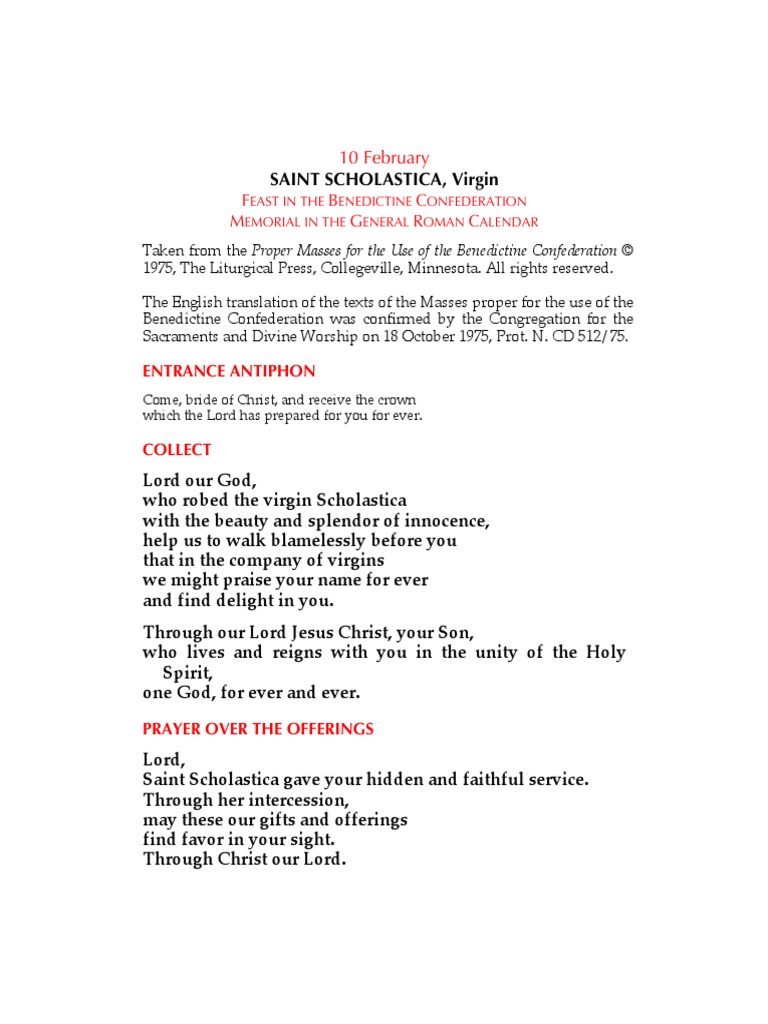 Liturgical Propers For The Feast of Saint Scholastica | PDF