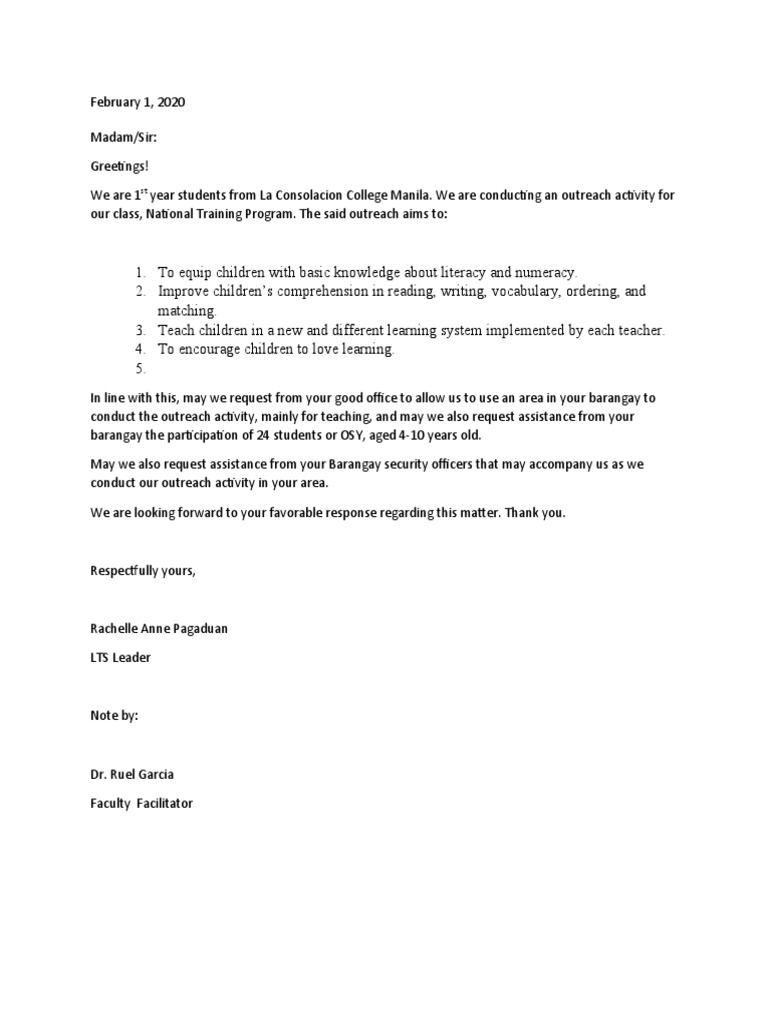 Letter of Request For Teaching Area and Participants | PDF