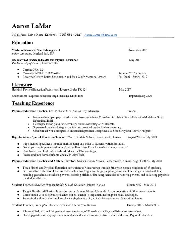 Aaron School Resume Pro | PDF | Physical Education | Middle Schools