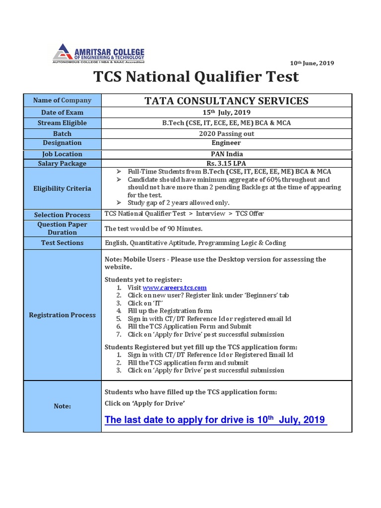TCS National Qualifier Test: Tata Consultancy Services | PDF | Business ...