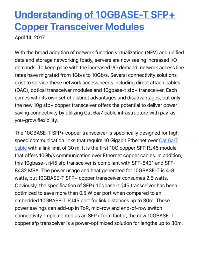 Understanding the Benefits of 10GBASE-T SFP+ Copper Transceiver Modules for Meeting Increased ...