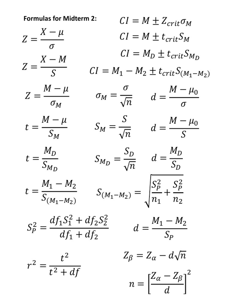@abc) @abc) + @abc) - @abc 1) ) : Formulas For Midterm 2 | PDF