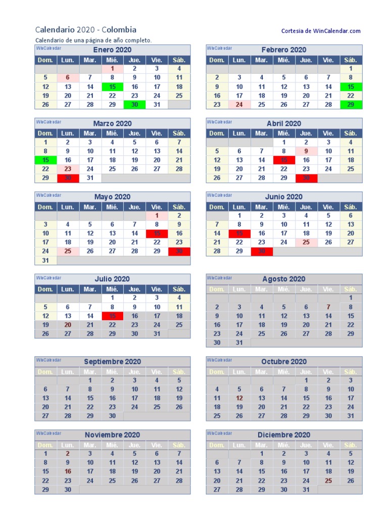 Calendario 2020 - Colombia: Enero 2020 Febrero 2020 | PDF