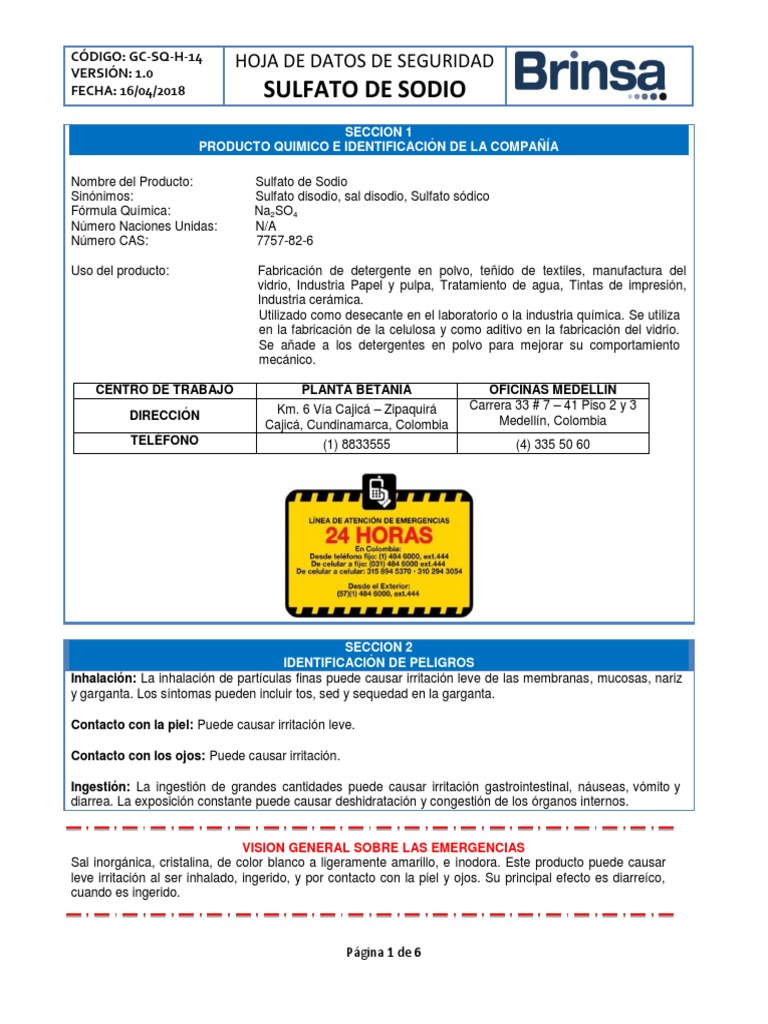 11.ficha de Seguridad Sulfato de Sodio PDF | PDF | Residuos | Contaminación