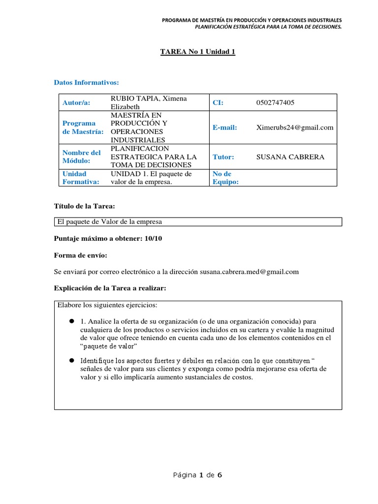Unidad1 Cadena de Valor Ximena Rubio Tapia PDF | PDF | Planificación ...