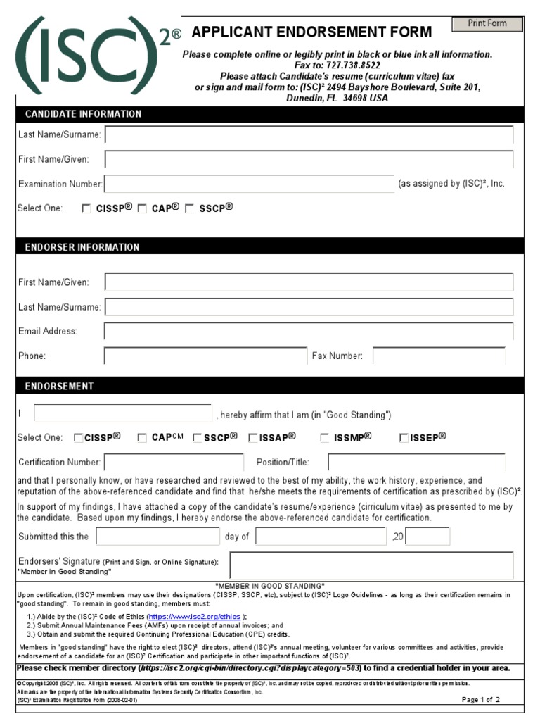 Applicant Endorsement Form: Cissp® Cap® SSCP® | PDF | Privacy | Privacy ...