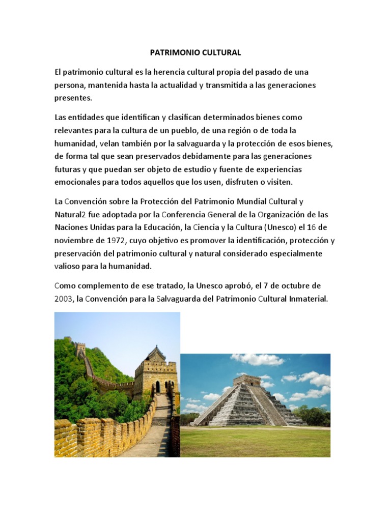 Patrimonio cultural: historia, definición y clases | PDF | Patrimonio cultural | Museología
