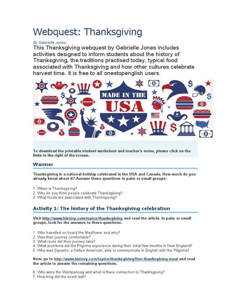 Webquest: Thanksgiving: by Gabrielle Jones | PDF | Thanksgiving | Foods