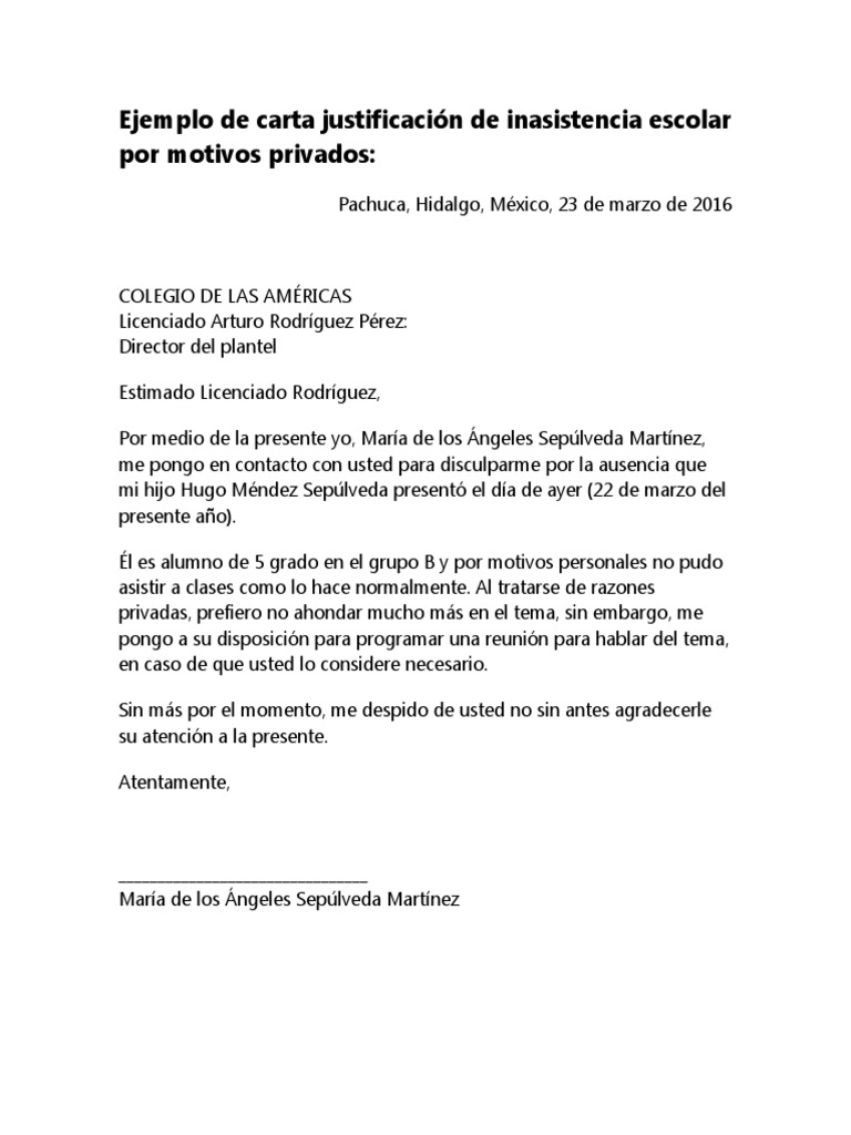 Ejemplo De Carta Justificación De Inasistencia Escolar Por Motivos