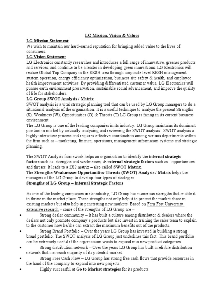 LG Mission, Vision & Values LG Mission Statement | PDF | Nike | Swot ...