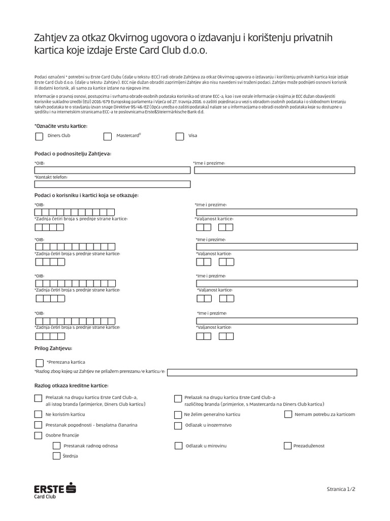 Zahtjev Za Otkaz Okvirnog Ugovora o Izdavanju I Koristenju Kartice | PDF