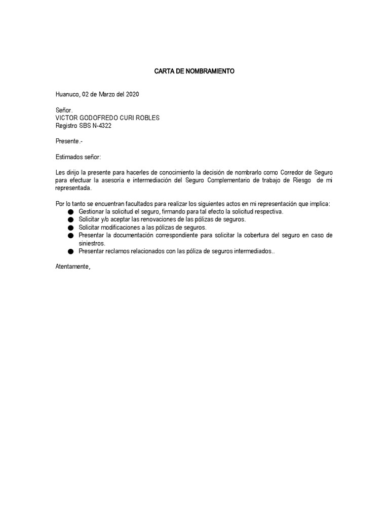 Modelo Carta de Nombramiento | PDF | Finanzas y dinero