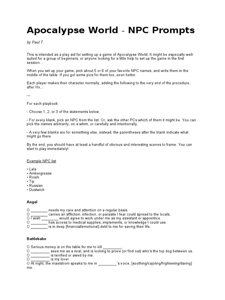 Apocalypse World - NPC Prompts | Download Free PDF | Leisure