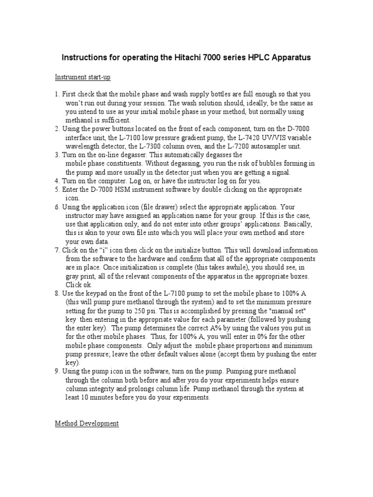 Instructions For Operating The Hitachi 7000 Series HPLC Apparatus | PDF ...