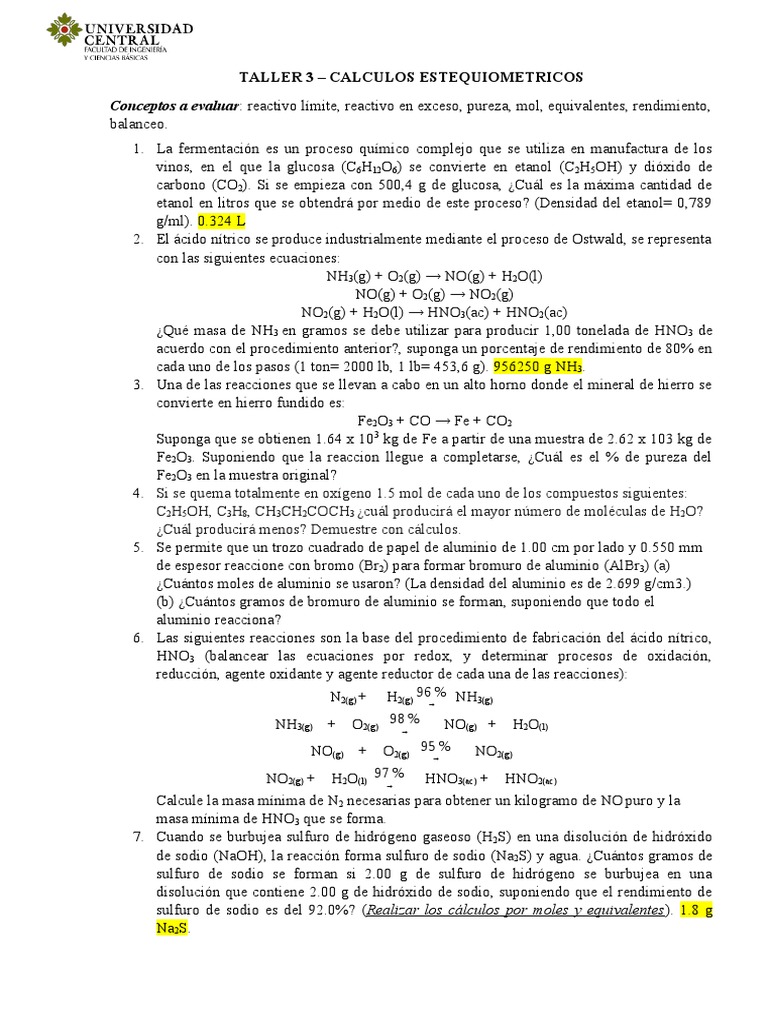 TALLER 3 Calculos Estequiometricos | PDF | Redox | Aspirina
