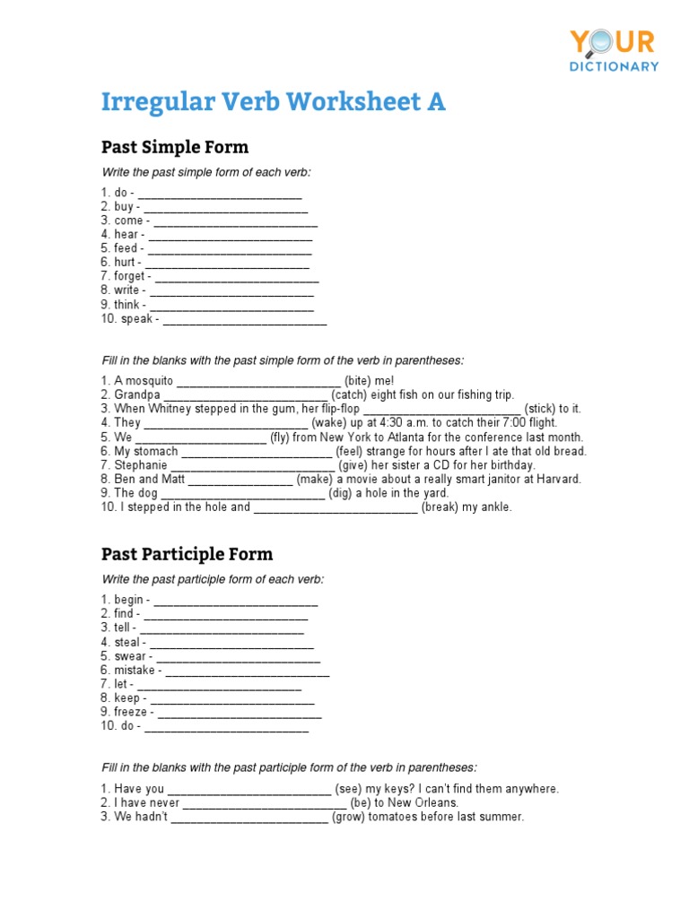 Irregular Verb Worksheet A: Past Simple Form | Download Free PDF ...